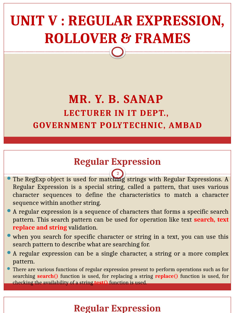 YBS Unit v Regular Expression, Rollover & Frames | PDF | Regular Expression | String (Computer ...