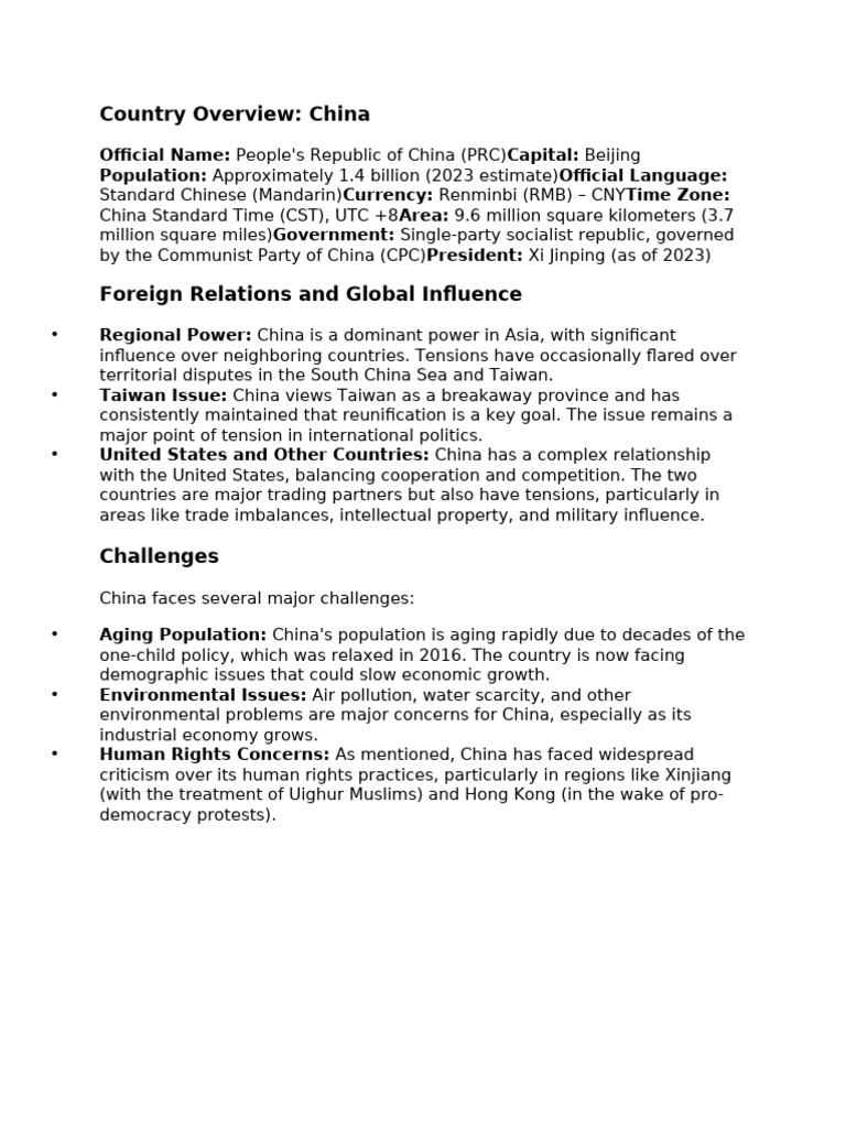 Overview of China: Key Facts and Issues | PDF