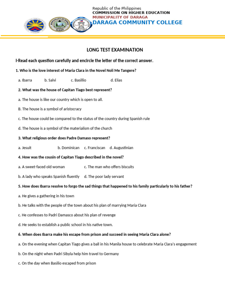 LONG TEST EXAMINATION Life and Works of Rizal | PDF | Philippines