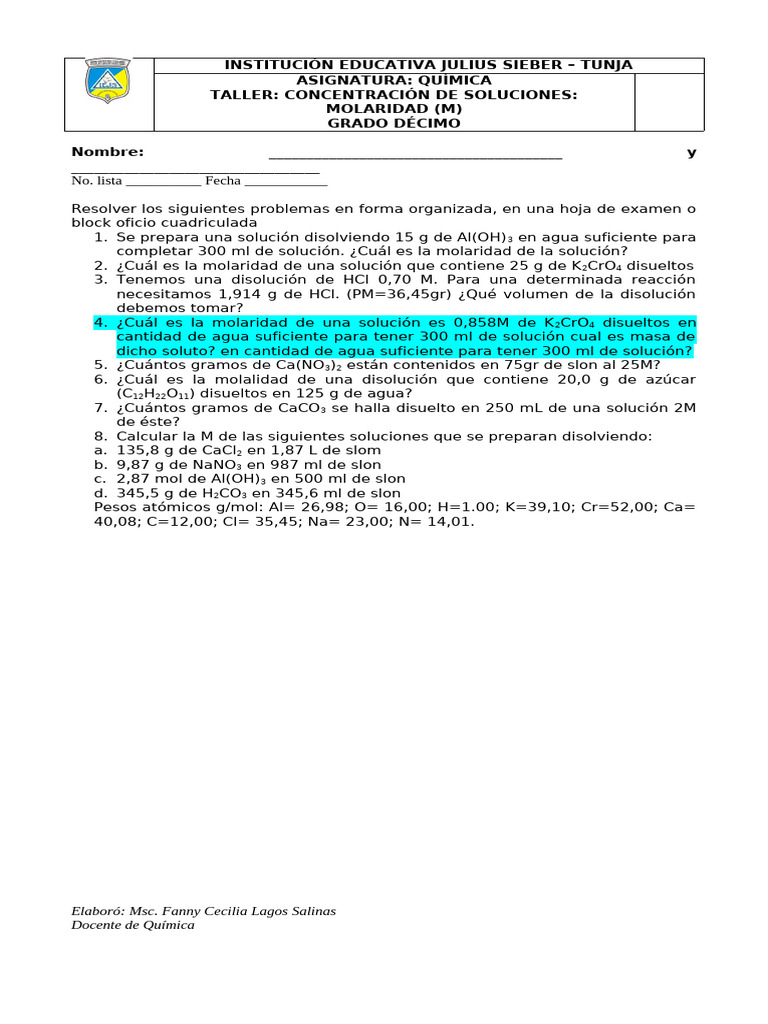 Taller Ejercicios de Molaridad | PDF