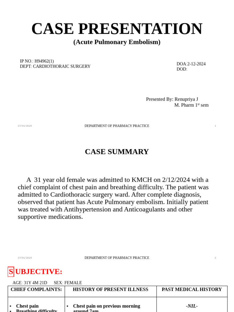 Acute Pulmonary Embolism Case Study | PDF | Medicine | Medical Specialties