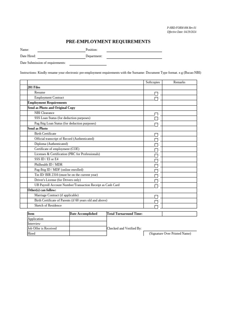 P-HRD-FORM-006 Rev.00 Pre-Employment Requirements | PDF