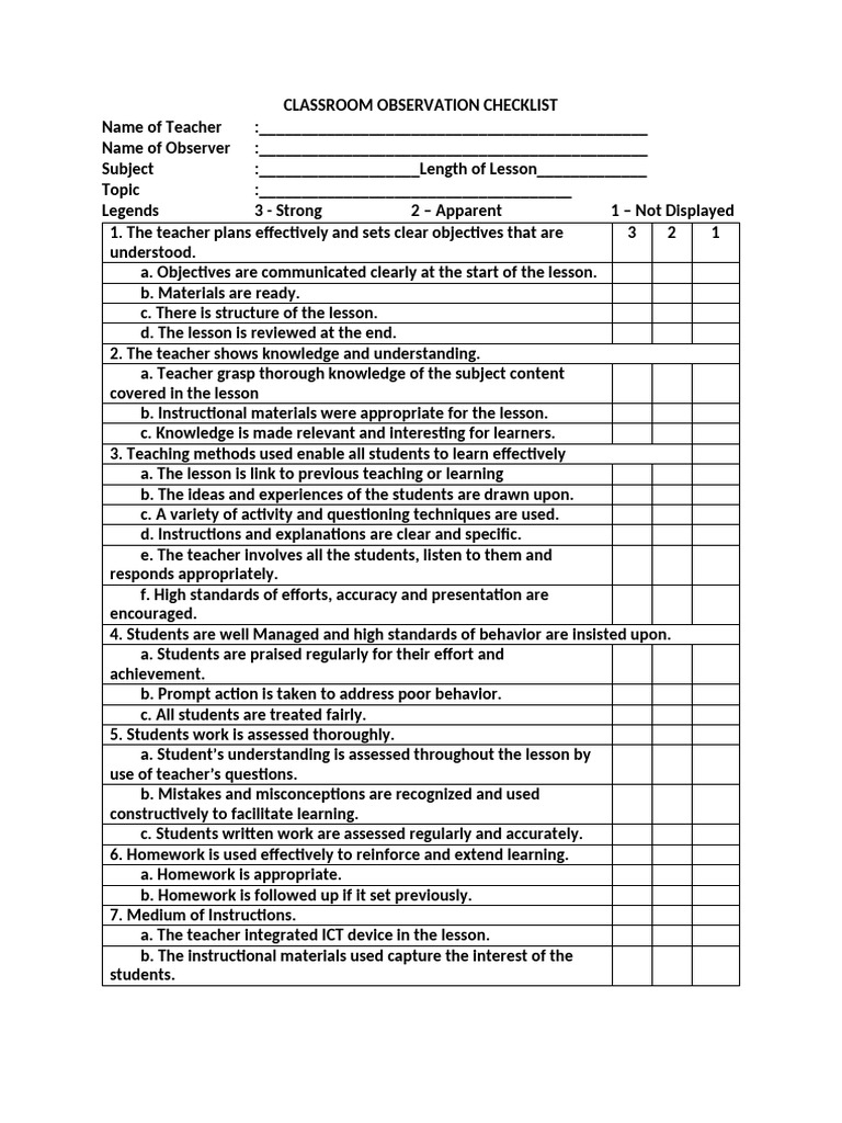 Classroom Observation Checklist | PDF