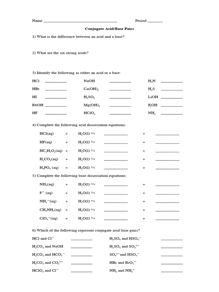 Conjugate Acid-Base Pairs Worksheet | PDF | Acid | Chemical Substances