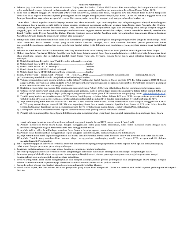 Pointers Pembukaan Oleh Ketua Kpps | PDF