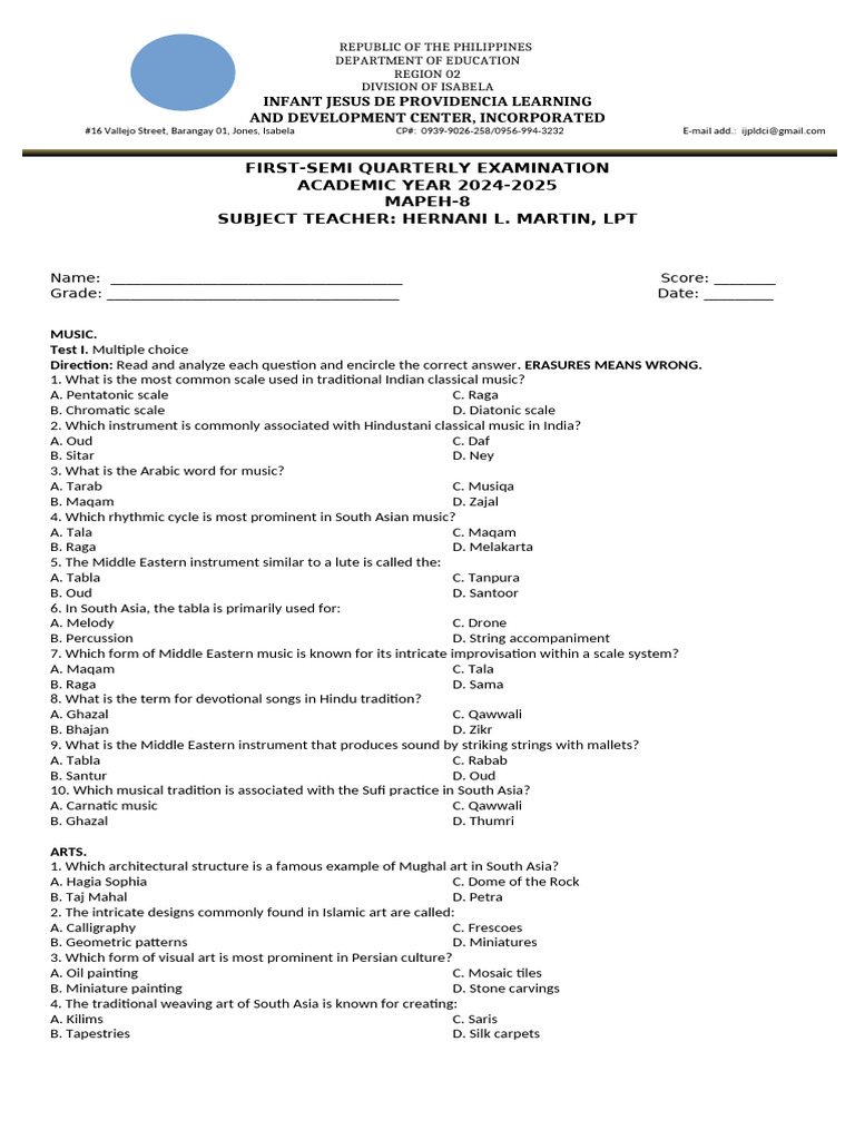 MAPEH-8 First Semi-Quarterly Exam 2024-2025 | PDF | Volleyball ...