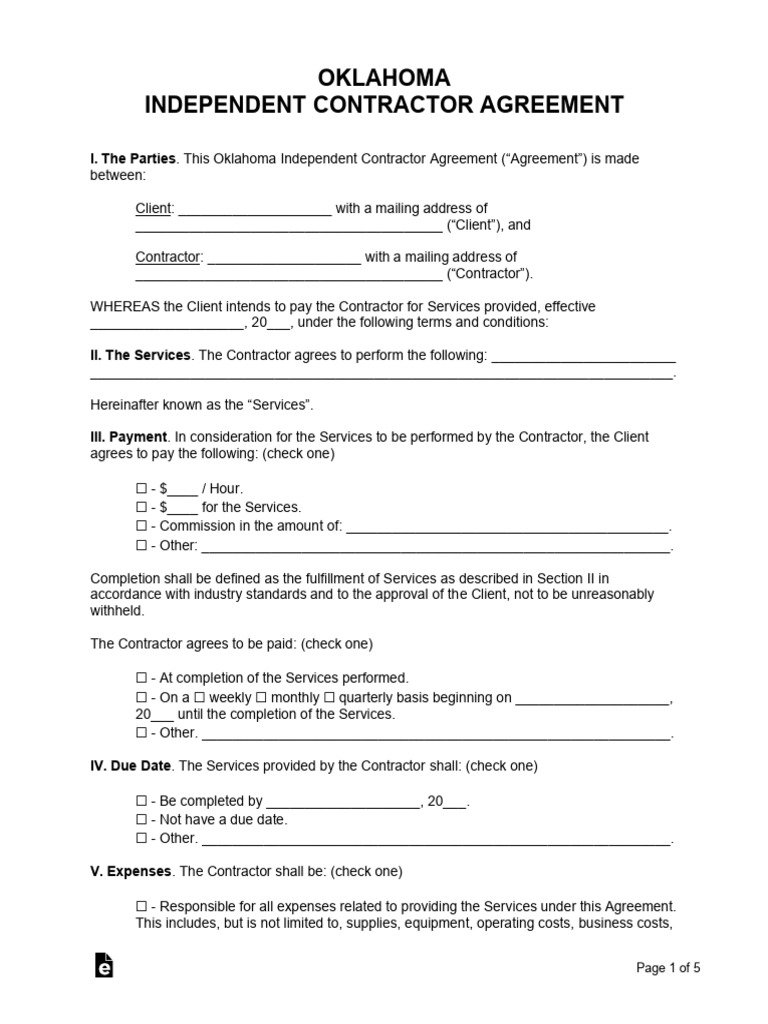 Oklahoma Independent Contractor Agreement | PDF | General Contractor ...