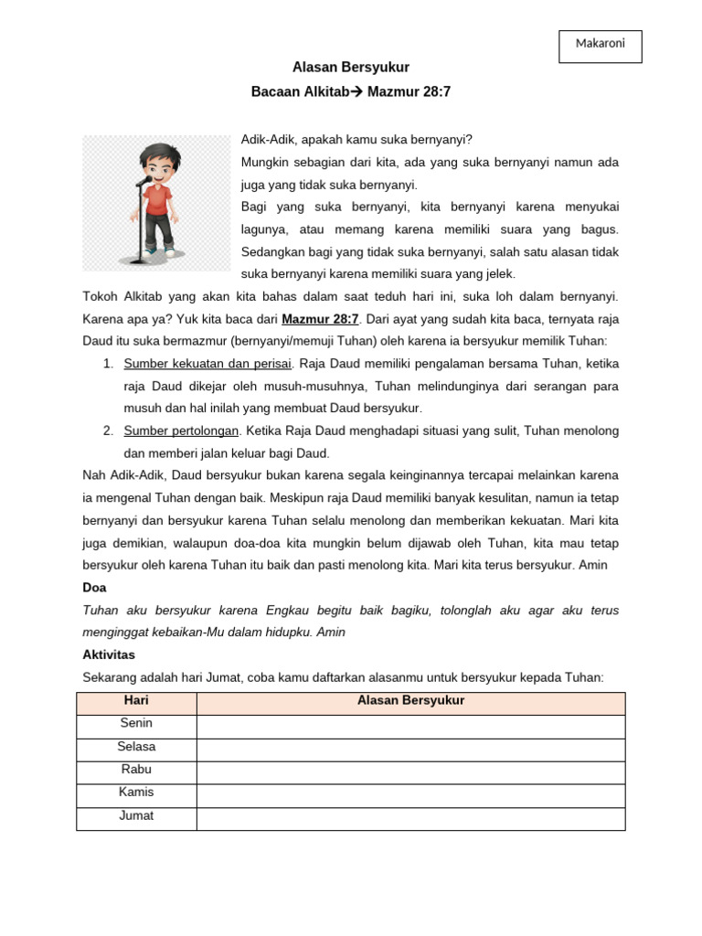 Makaroni Dan Berkat Mazmur 28 Ayat 7 | PDF