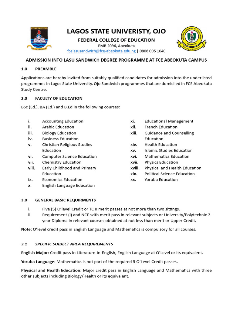 LASU Sandwich Degree Admission 2023 | PDF | Educational Stages ...