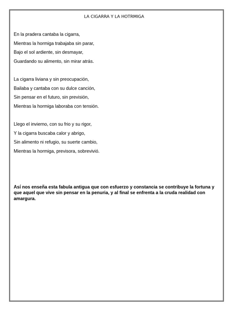 FABULA La Cigarra y La Hormiga | PDF