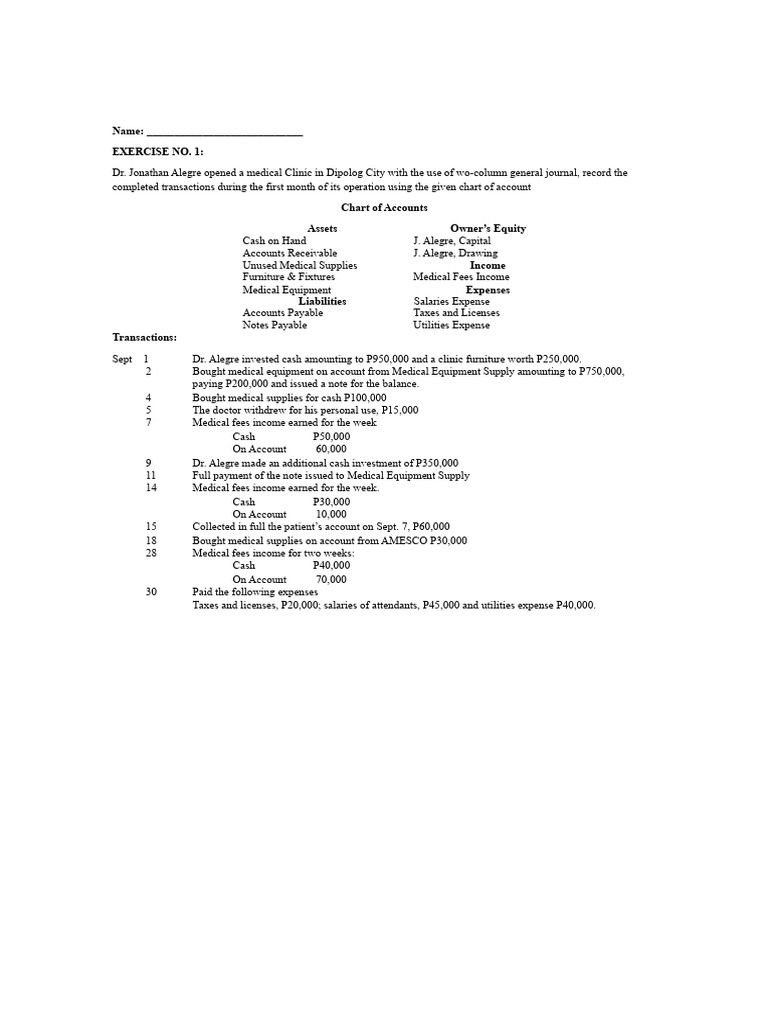 Journalizing Exercise 1 BASIC ACCOUNTING EXERCISES | PDF