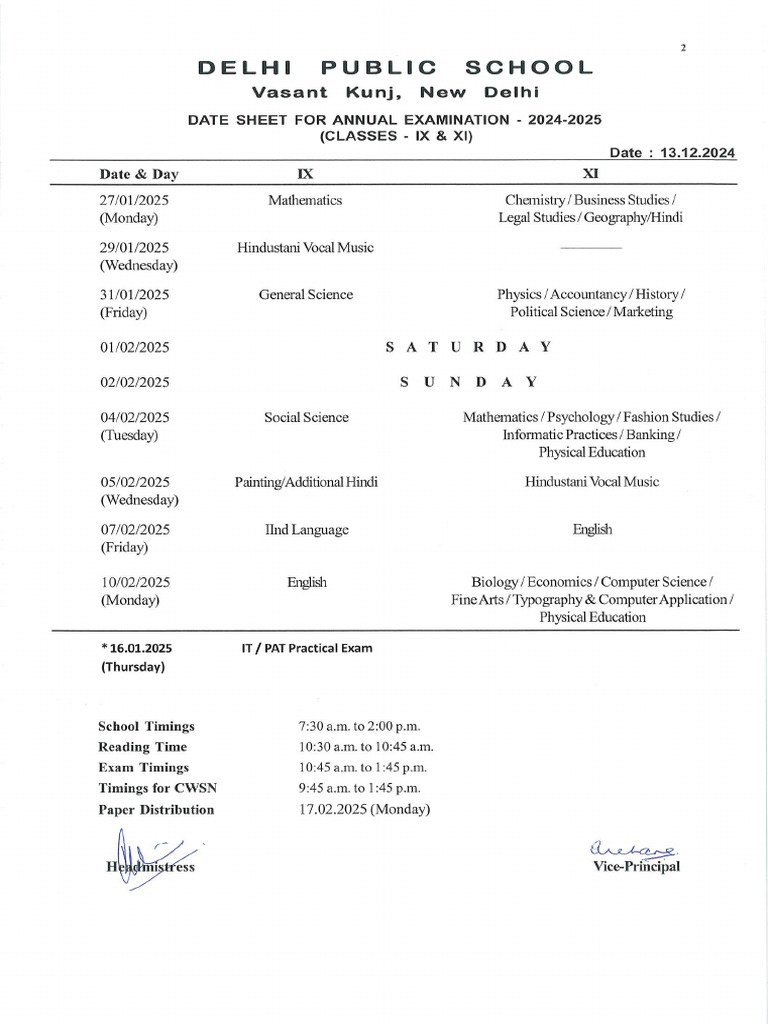 Annual Exam Date Sheet | PDF