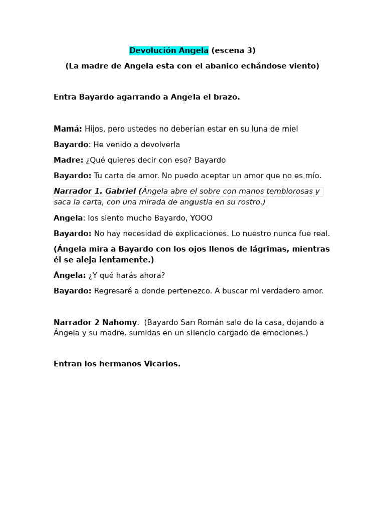 Escena Devolución de Angela Vicario | PDF