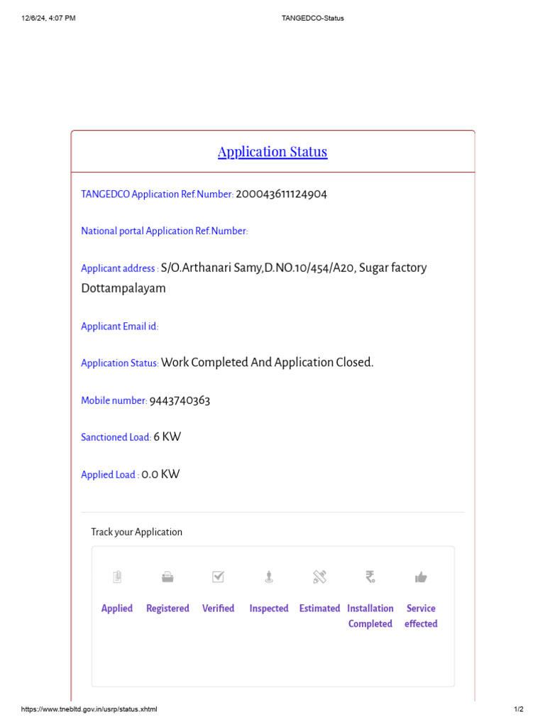 TANGEDCO Application Status Update | PDF