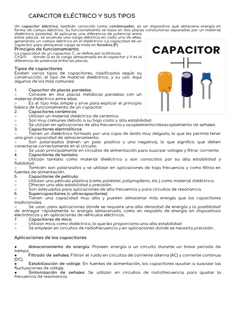 Capacitor Eléctrico y Sus Tipos | PDF | Condensador | Capacidad