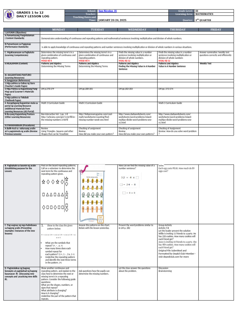 DLL_MATHEMATICS 3_Q3_W7 (1) | PDF | Learning
