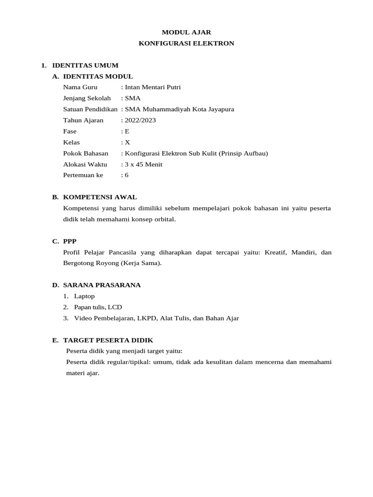 Modul Ajar 6 - Konfigurasi Elektron Sub Kulit | PDF