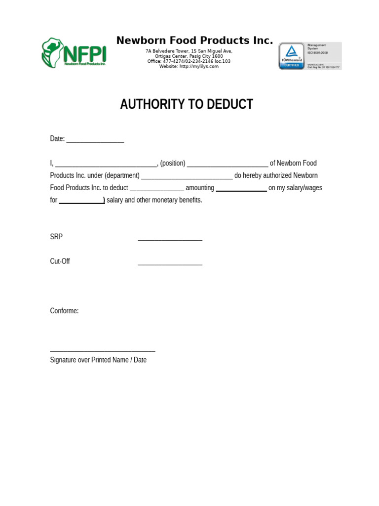 Authority To Deduct | PDF