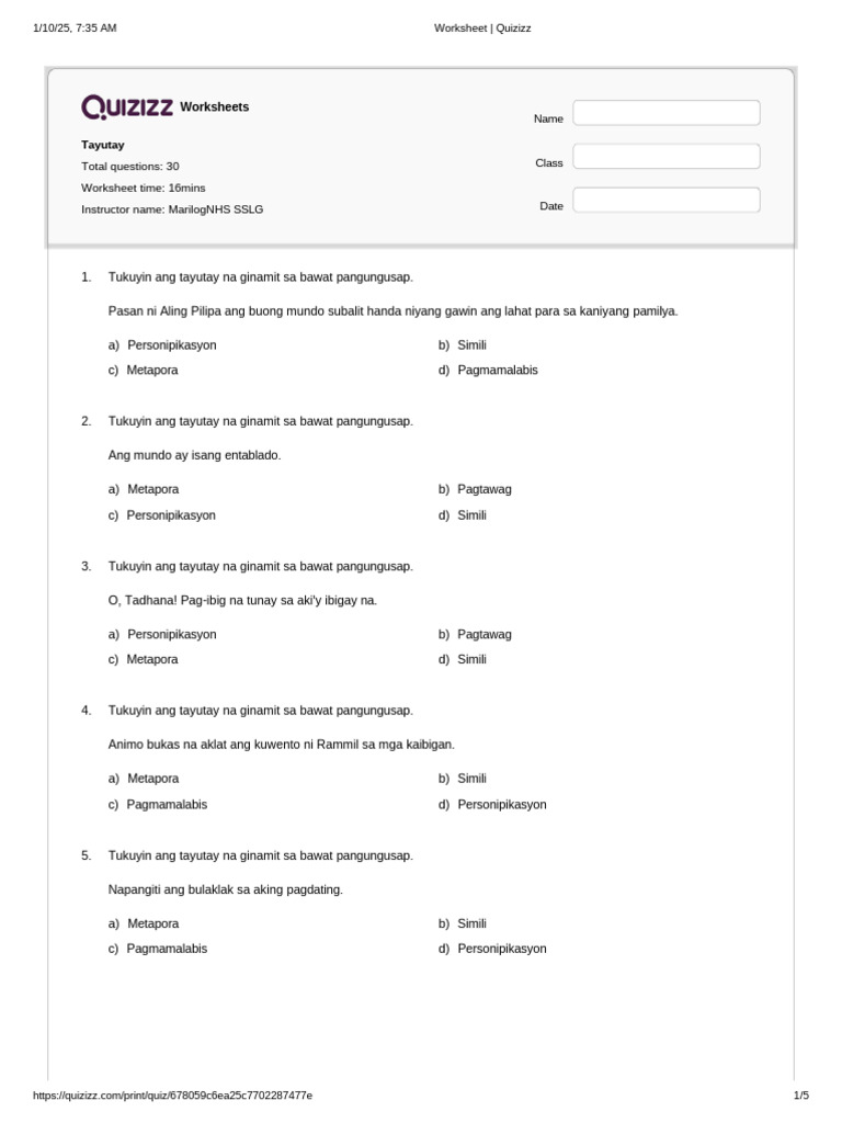 Worksheet - Quizizz | PDF