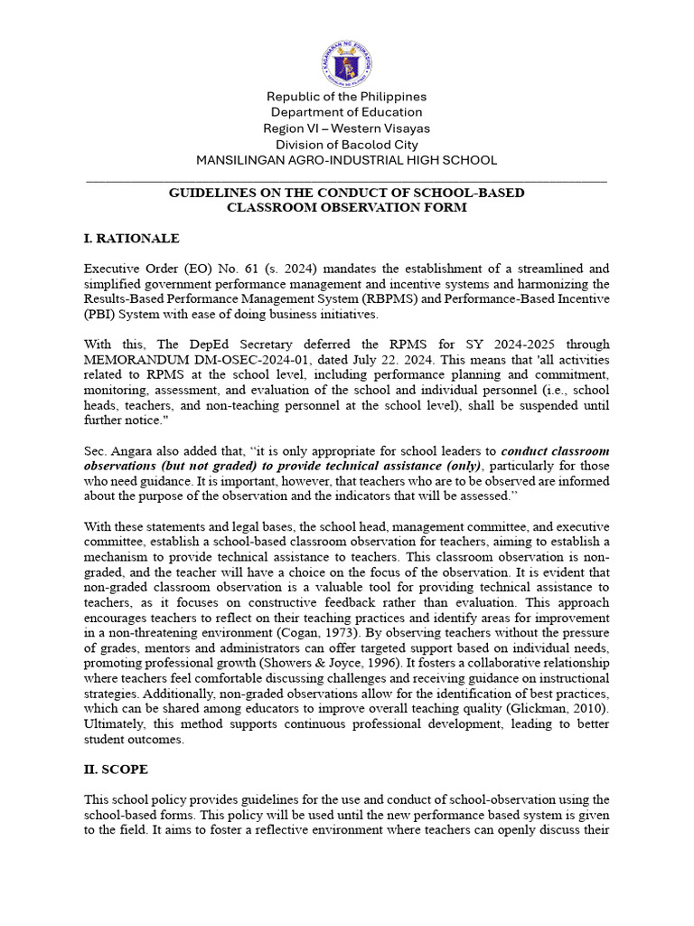 Classroom Observation Guidelines | PDF | Teachers | Educational Assessment