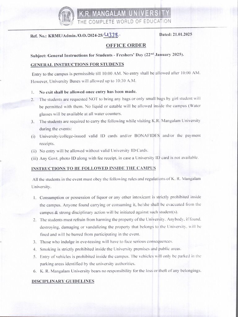 General Instructions For Students - Fresher, Day (22nd January 2025 ...
