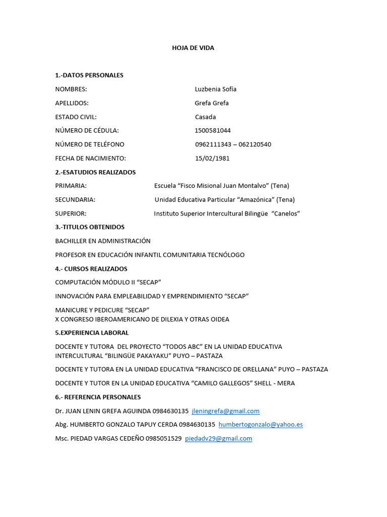 Hoja de Vida de Luzbenia Sofía Grefa | PDF