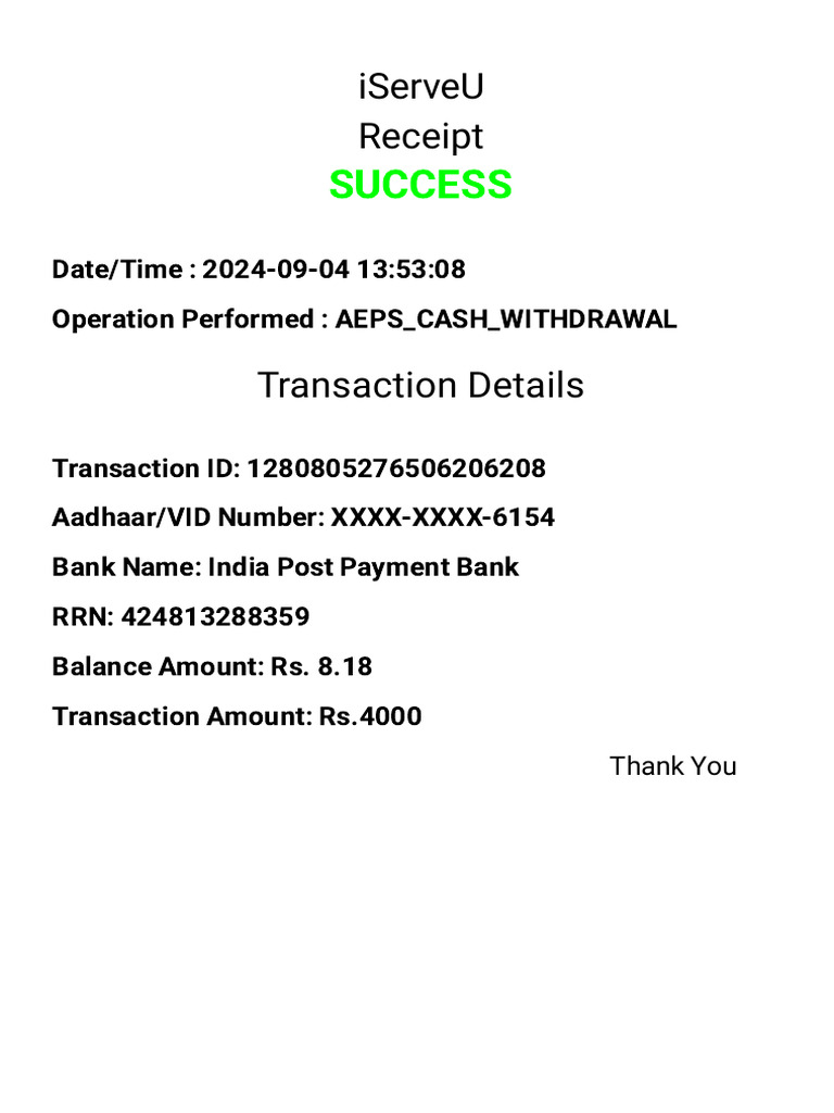 AEPS Cash Withdrawal Receipt | PDF