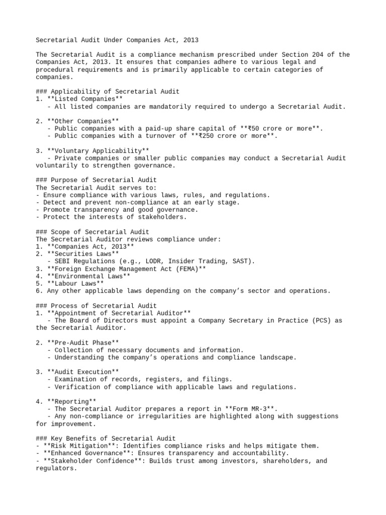Secretarial Audit Under Companies Act, 2013 | PDF | Audit | Regulatory ...
