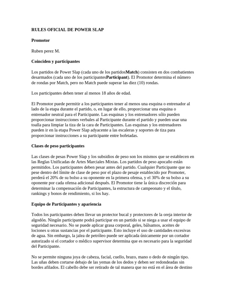 Reglas Oficiales de Power Slap | PDF | Mano | Árbitro