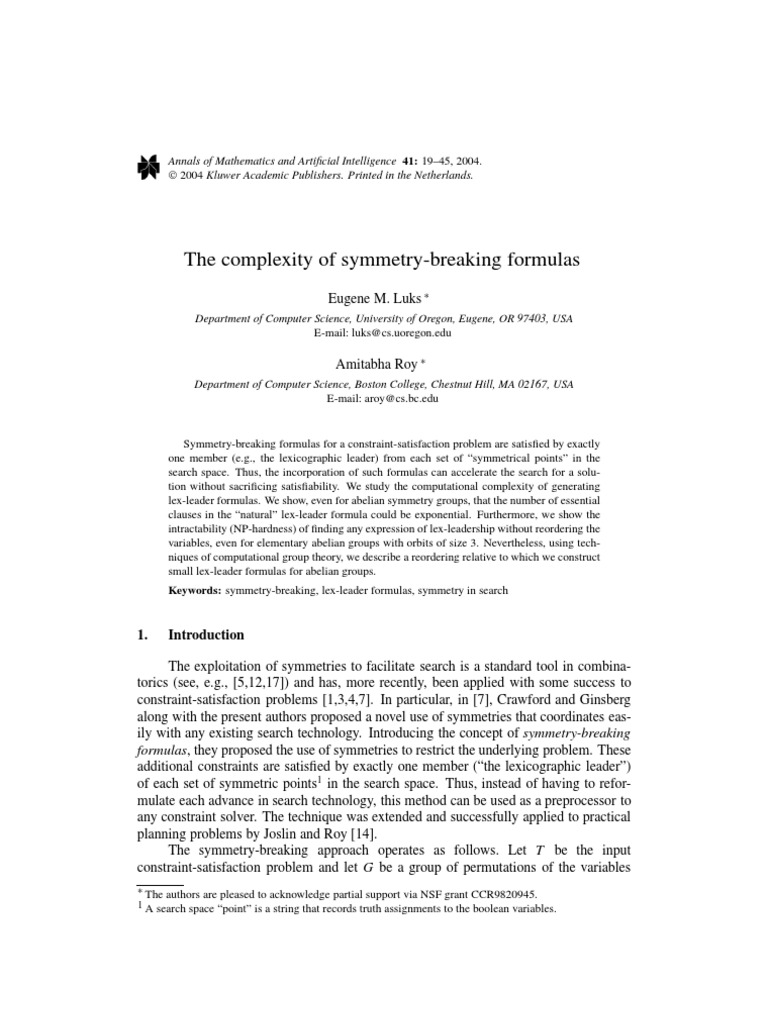 The Complexity of Symmetry-Breaking Formulas: Annals of Mathematics and Artificial Intelligence ...