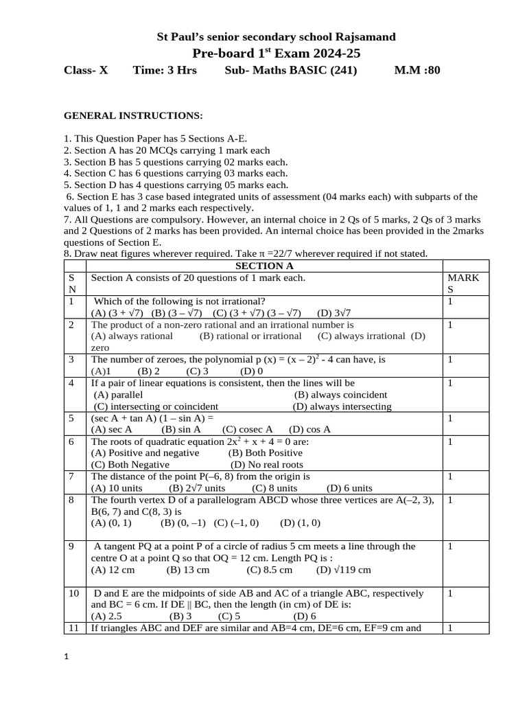 Maths Pre Board Class 10th 2024-25 | PDF | Area | Elementary Mathematics