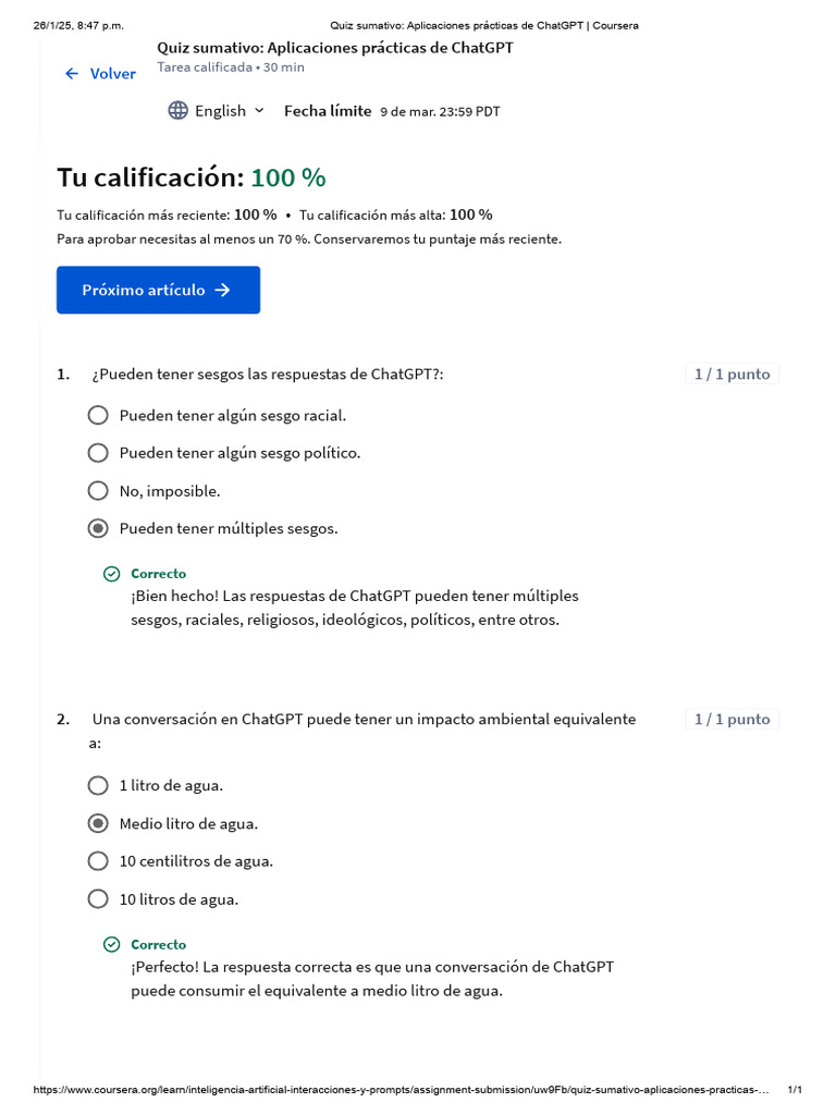 Quiz Sumativo - Aplicaciones Prácticas de ChatGPT - Coursera | PDF