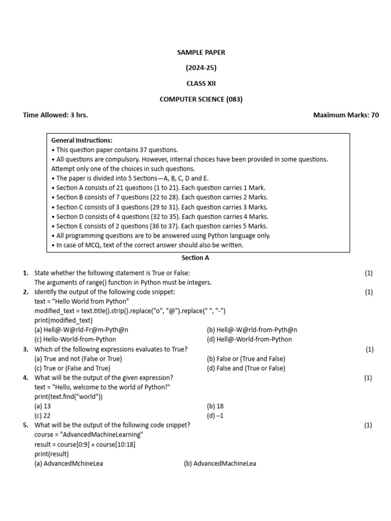 Sample Paper (Computer Science) | PDF | Computer Network | Table (Database)