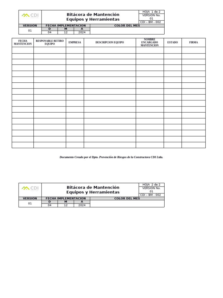 Bitácora de Mantención de Equipos | PDF