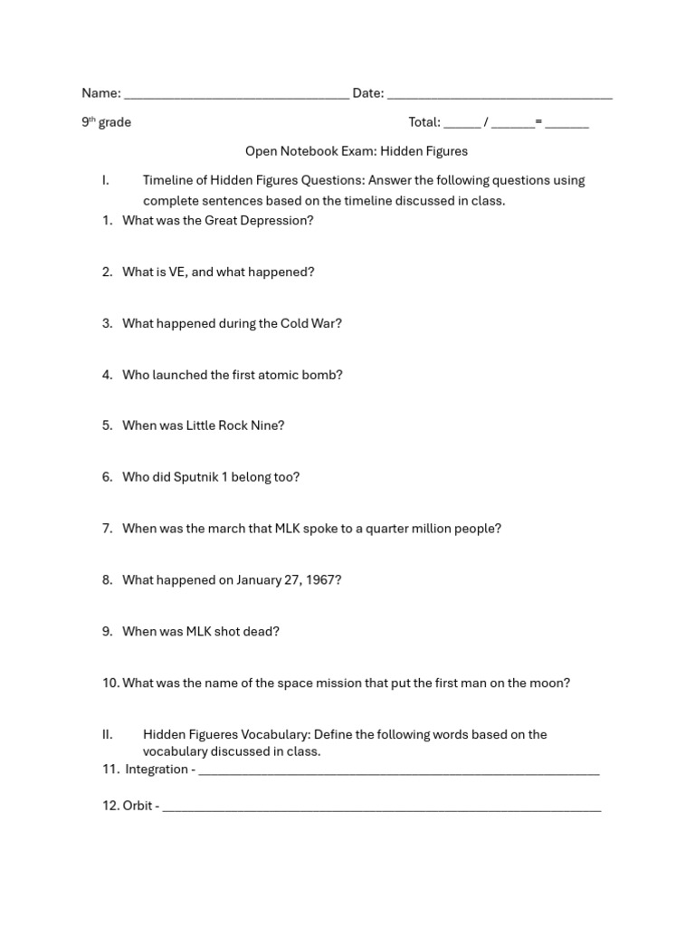Hidden Figures Exam Questions and Vocabulary | PDF