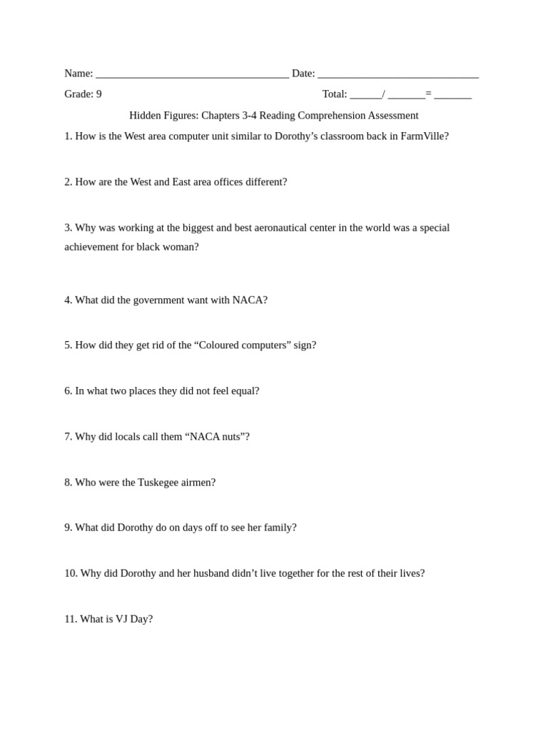 Hidden Figures Chapters 3-4 Quiz | PDF