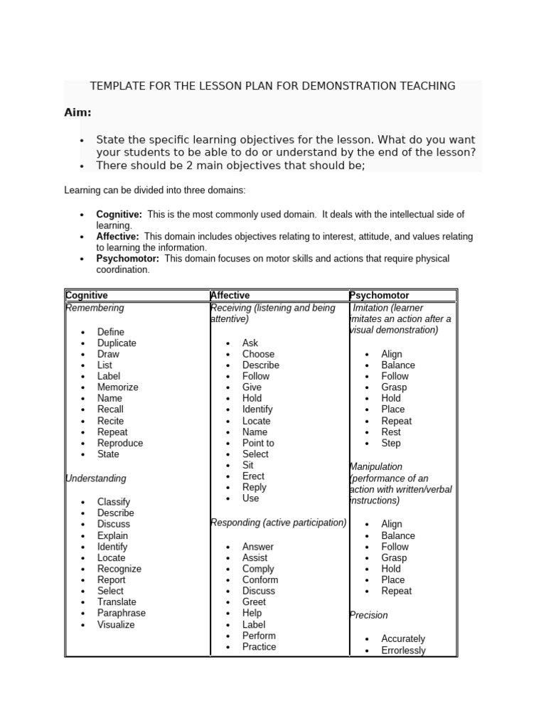 Template For The Lesson Plan For Demonstration Teaching 6 | PDF ...