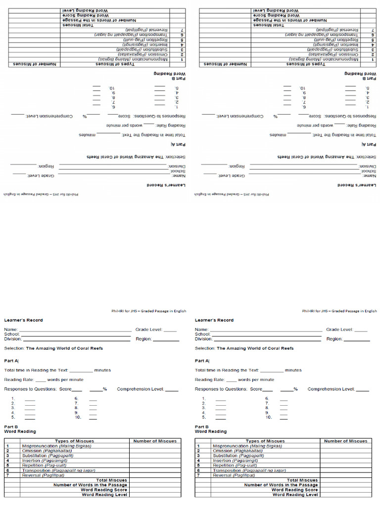Phil-IRI For JHS Learner's Record - PNG | PDF