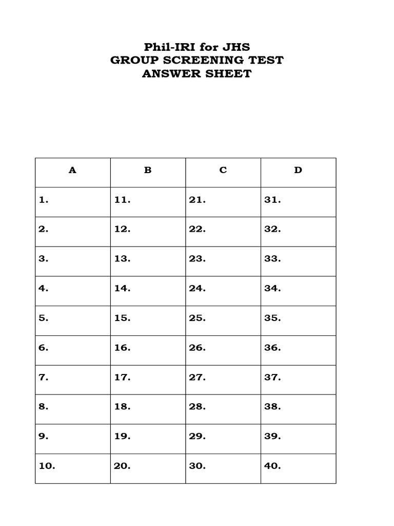 Phil-IRI For JHS - GST - Answer Sheet | PDF