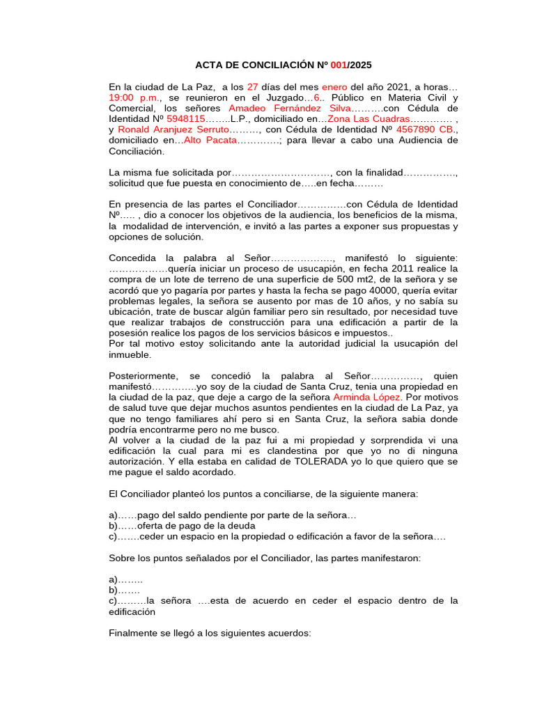 Modelo de Acta de Conciliacion | PDF