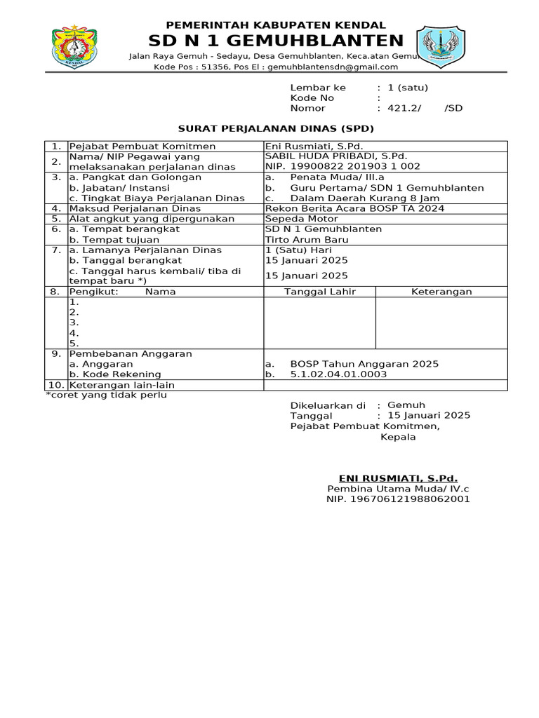 Format dan Biaya SPD 2025 SDN 1 Gemuhblanten | PDF