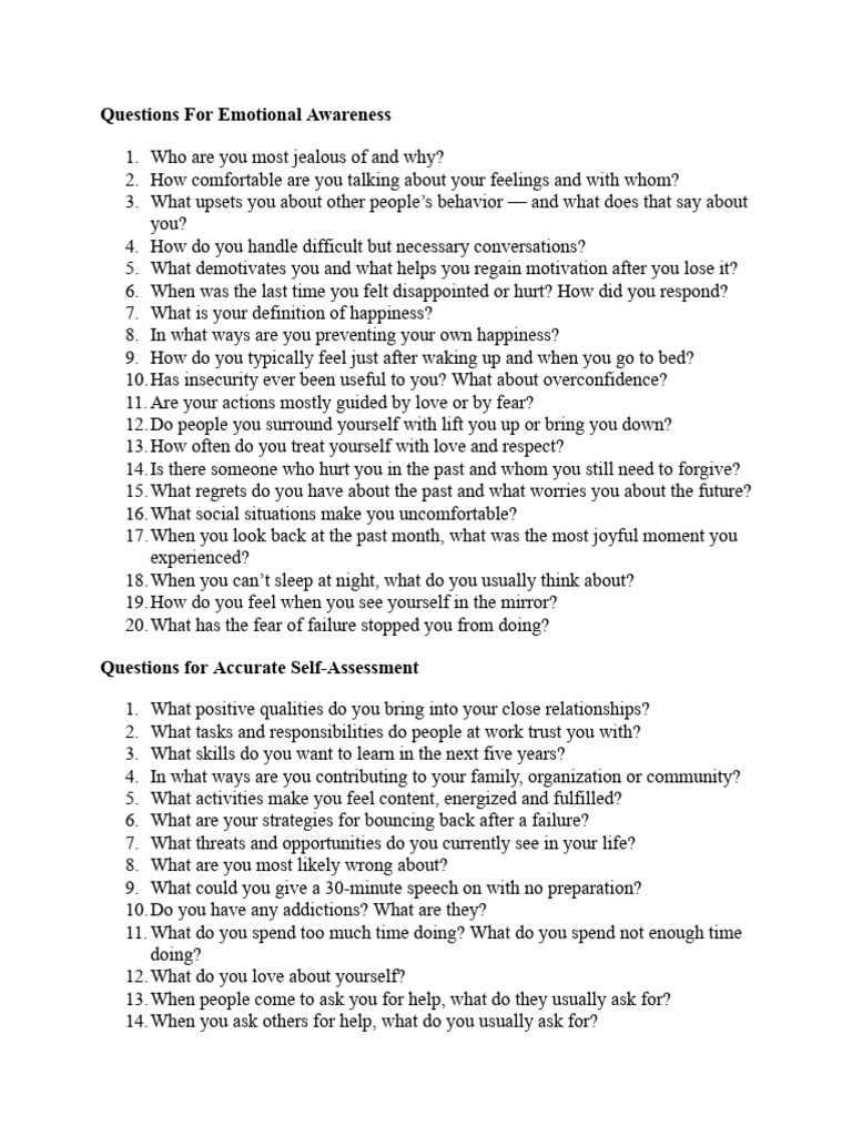 Emotional Awareness and Self-Reflection Questions | PDF | Happiness | Fear