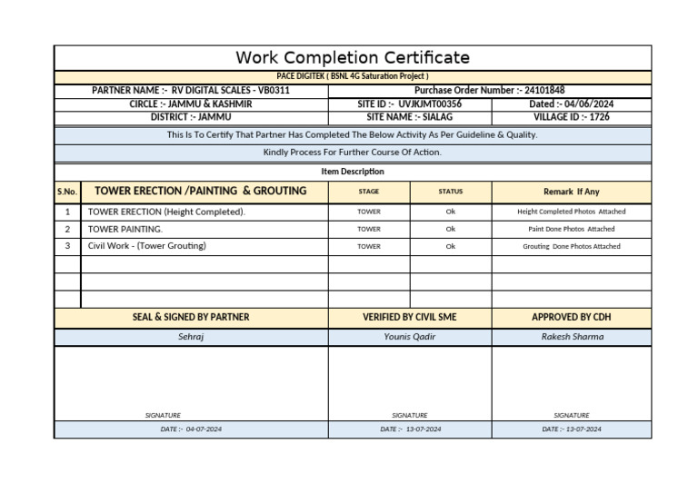 Work Completion Certificate for BSNL Project | PDF
