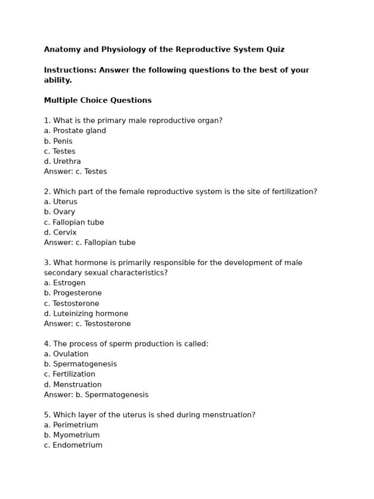 Reproductive System Quiz | PDF
