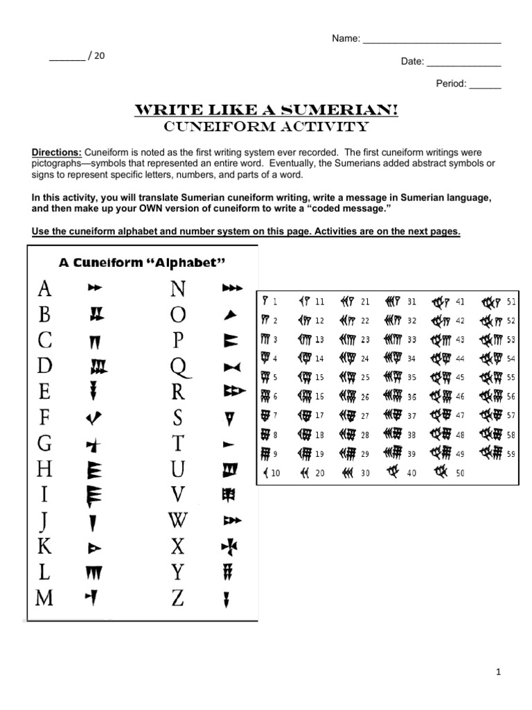 Sumerian Cuneiform Writing Activity | PDF | Cuneiform | Writing