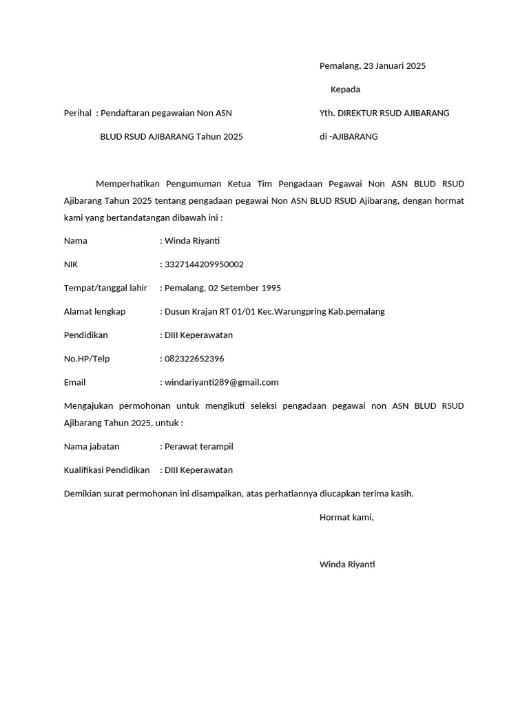 Surat Lamaran Rsud Ajibarang | PDF