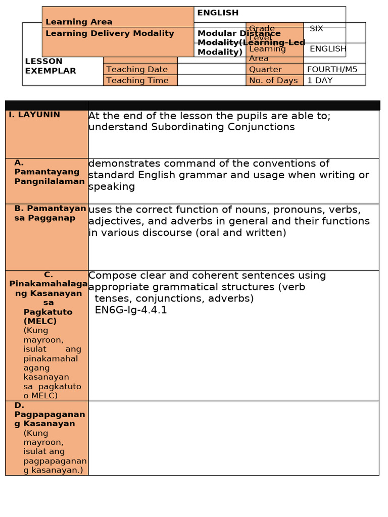 IDEA-EXEMPLAR ENGLISH 6 m5 q4 - Subordinating Conjunction | PDF | English Language | Syntax