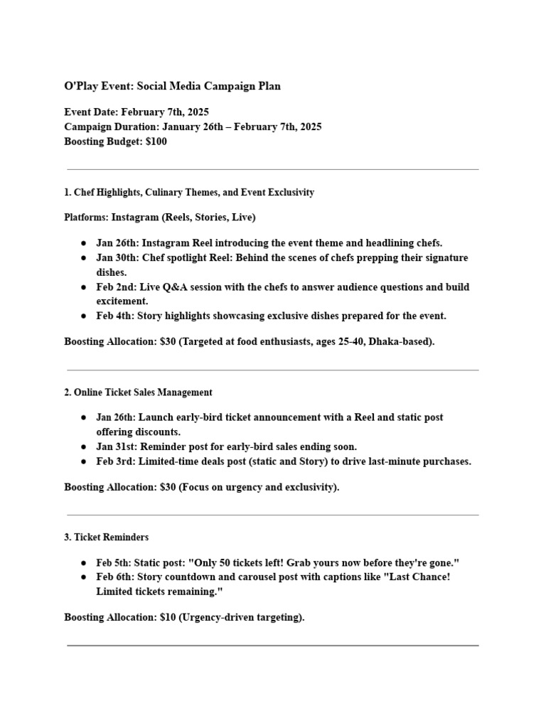 O'Play Event - Social Media Campaign Plan | PDF