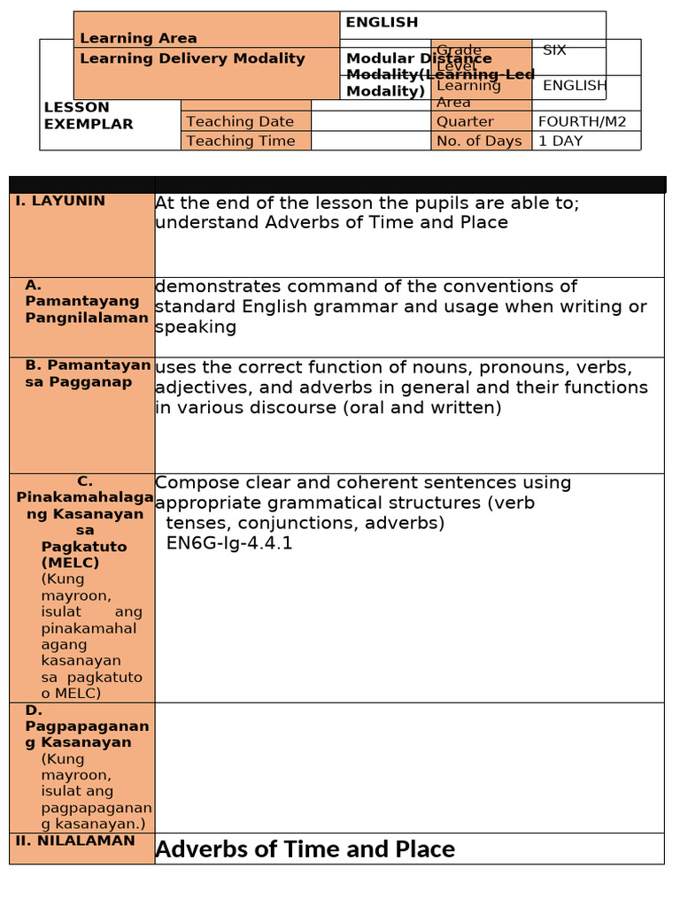 IDEA-EXEMPLAR ENGLISH 6 m2 q4 - Adverb of Time | PDF | Adverb | English ...