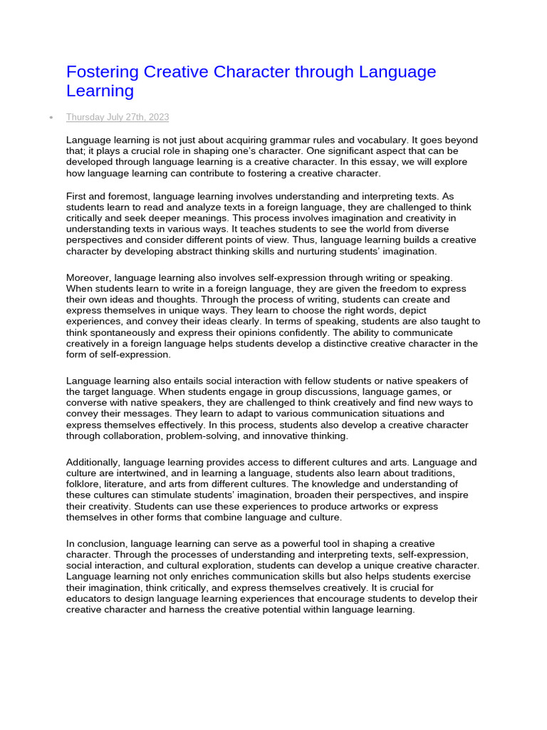 Fostering Creative Character Through Language Learning | PDF | Language ...